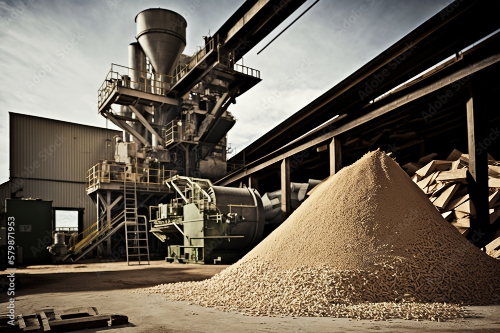 Paper mill with stacks of wood chips, concept of Resource Efficiency ...