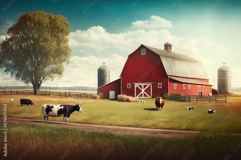 Pastoral field with grazing cows and a red barn in the distance ...