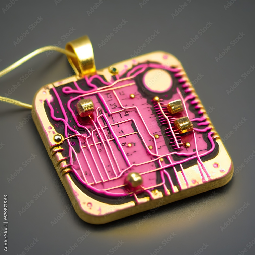 Pendant made of a pink circuit board piece with gold wire wrapping ...