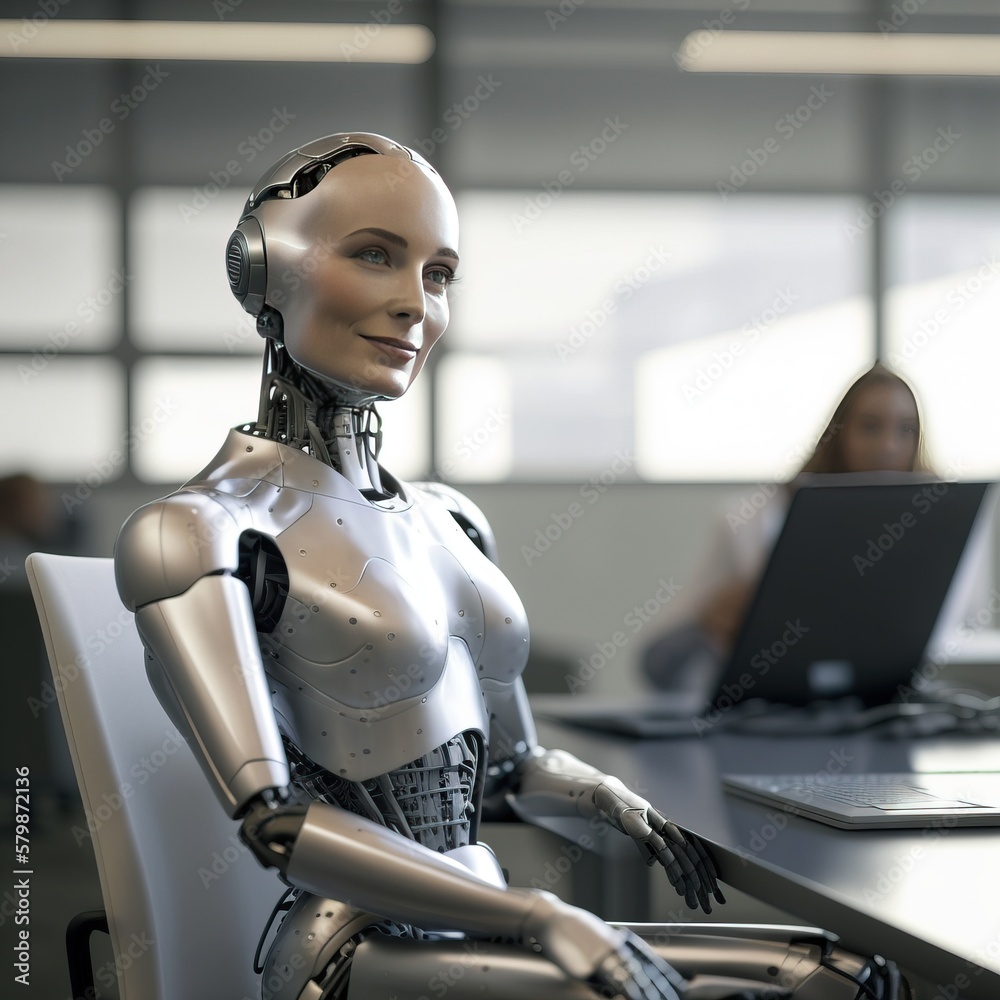Artificial Intelligence humanoid machine in business office environment ...
