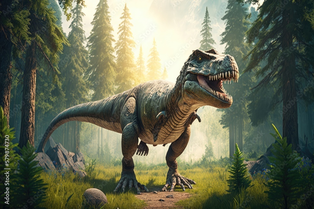 Huge dinosaur against the mountain background of a prehistoric forest ...