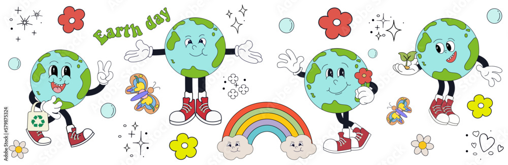 Planet earth set in groovy style. Groove elements and character Earth ...