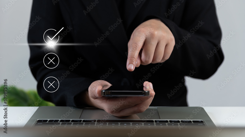 Businessman tick checkmark with approval electronic document concept ...