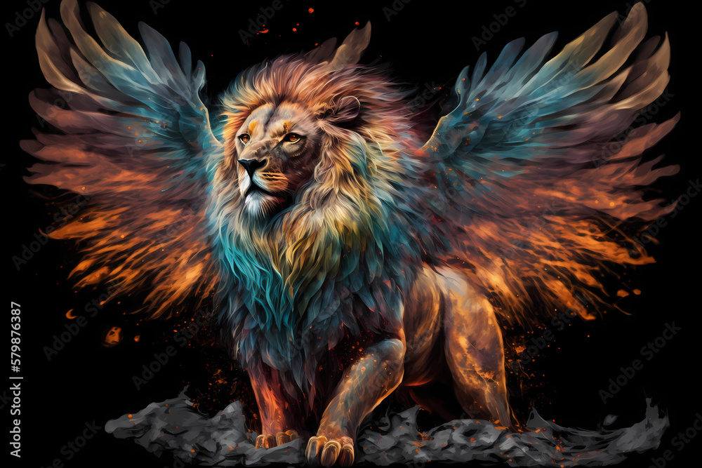 Great Lion King with wings of Fire and Water Stock Illustration | Adobe ...