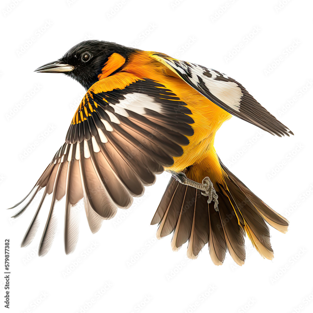 a spring-themed photographic illustration of an isolated orange oriole ...