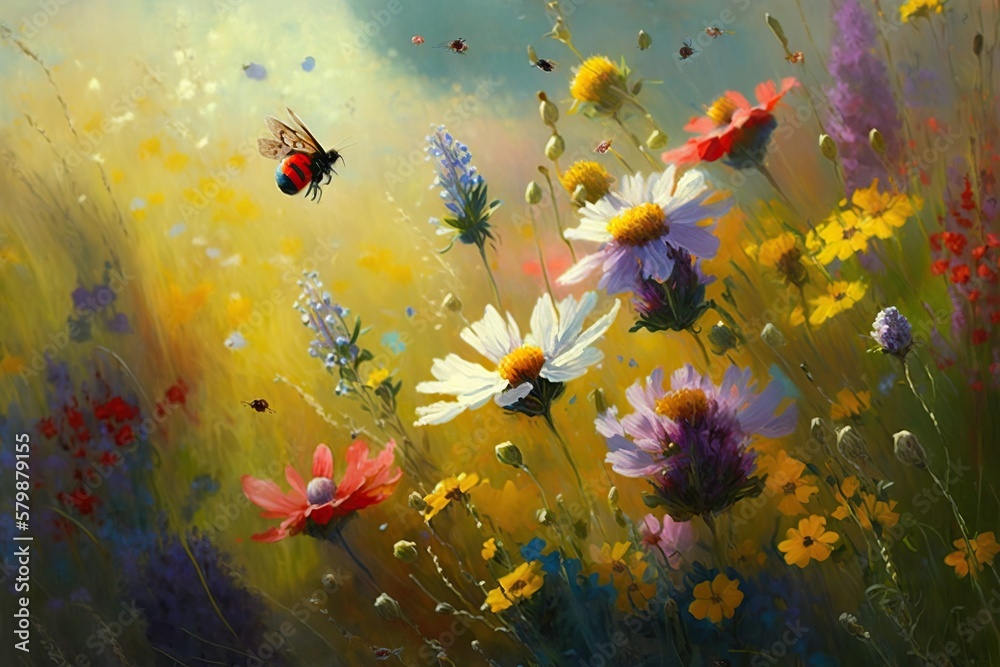 Sun-drenched wildflower meadow with a riot of colors and buzzing bees ...