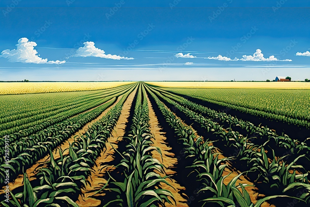Vast corn field with rows upon rows of stalks and a bright blue sky ...