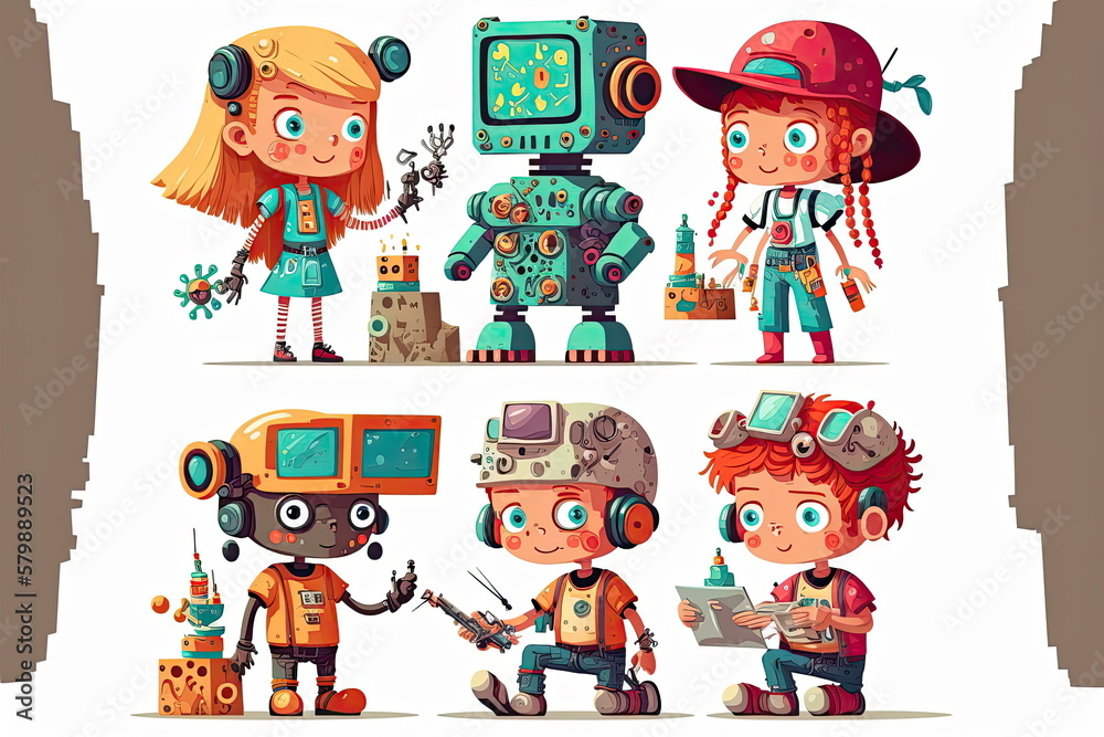 Set of creative kids building robots, children making robotic ...