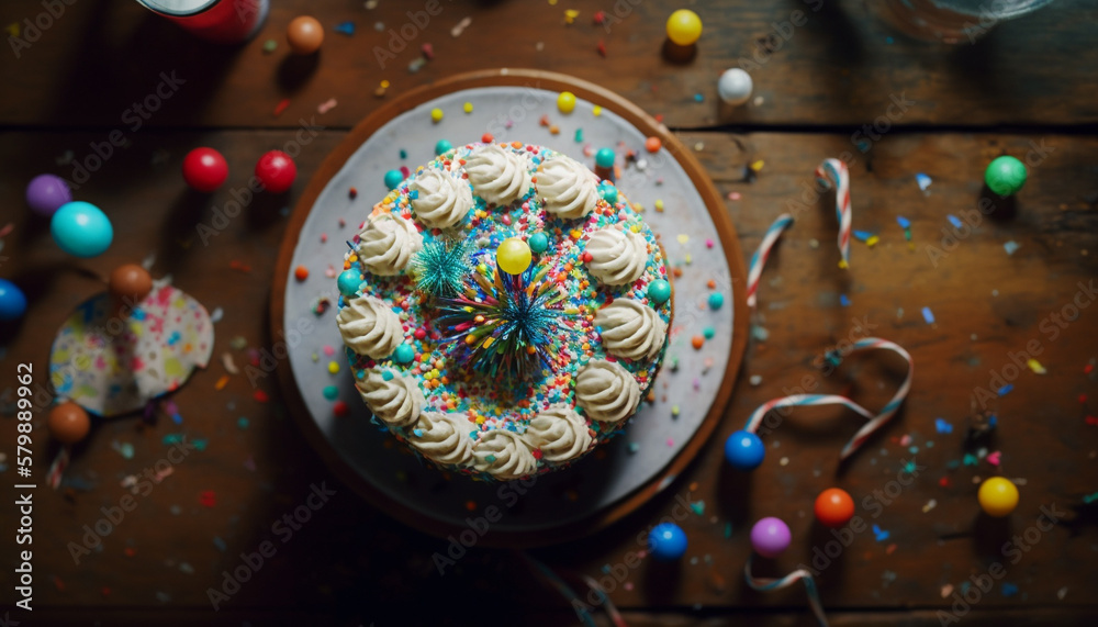 Birthday cake with colorful and playful textures on a rustic wooden ...