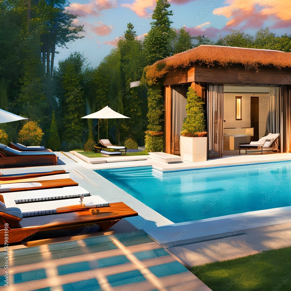 Outdoor pool with lounge chairs and a pool house 1_SwinIRGenerative AI ...