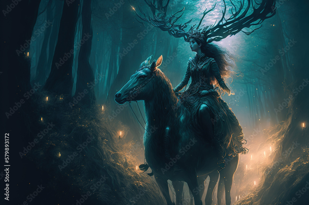 Night fantasy image of mystic woman riding deer in magical forest ...