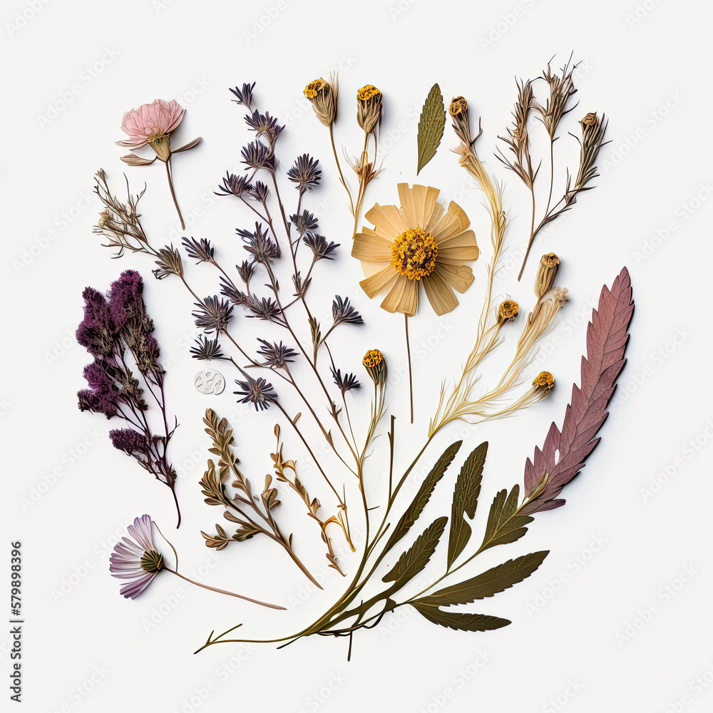 Beautiful Dried wild flowers on transparent background. Flat lay, top ...