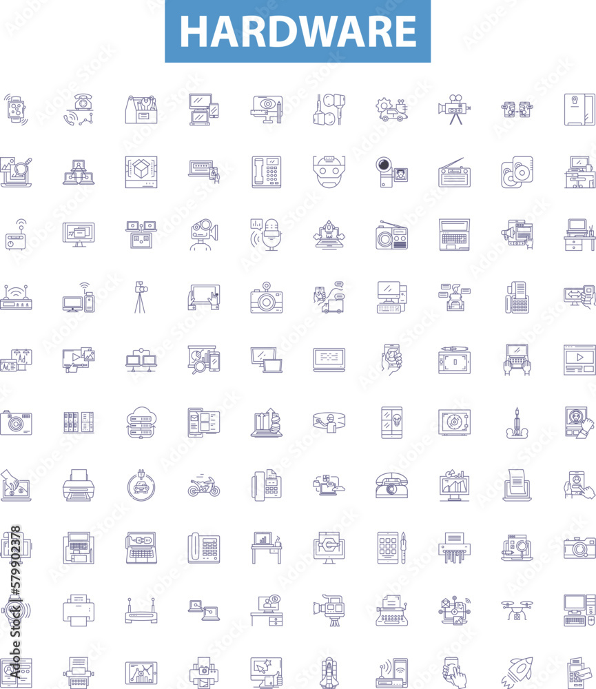 Hardware line icons, signs set. Hardware, Components, Devices, CPUs ...