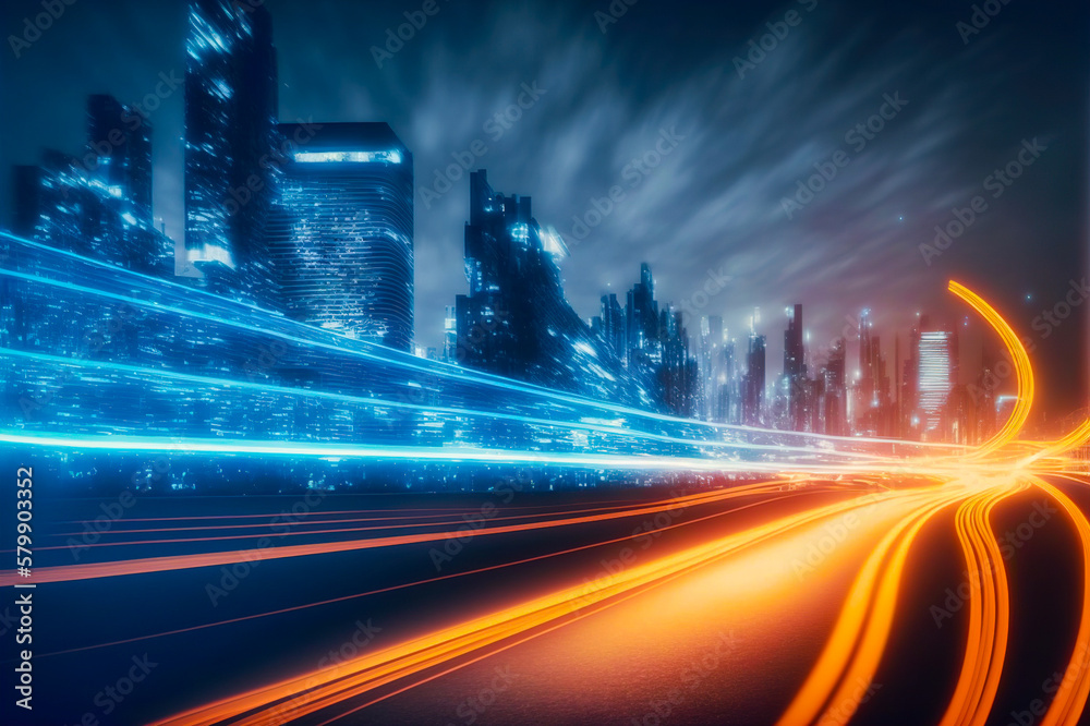 Smart digital city with high speed light trail of cars of digital data ...
