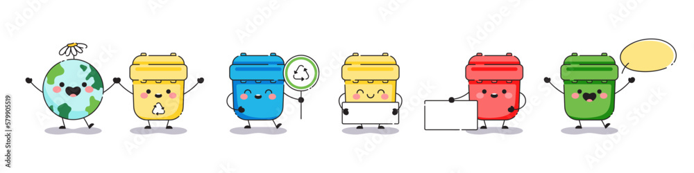 Waste recycling mascot set. Cute waste and garbage bins with text ...
