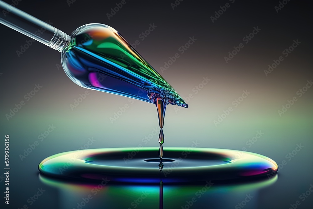 Image shows a drop of liquid resting on the tip of a pipette ...