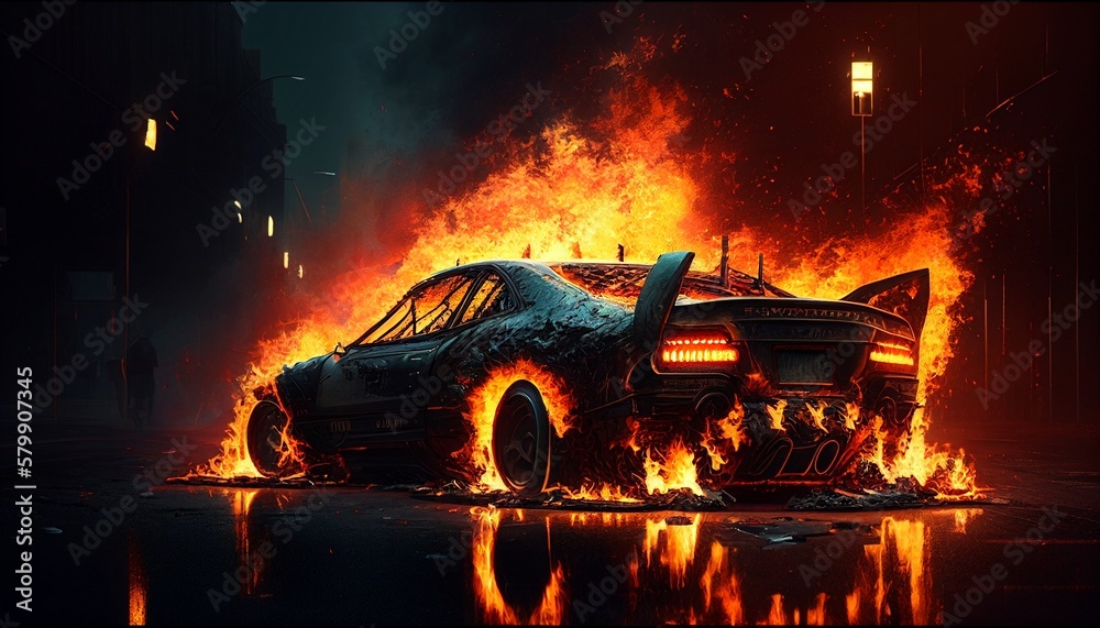 Car on fire following an explosion in an automobile accident ...