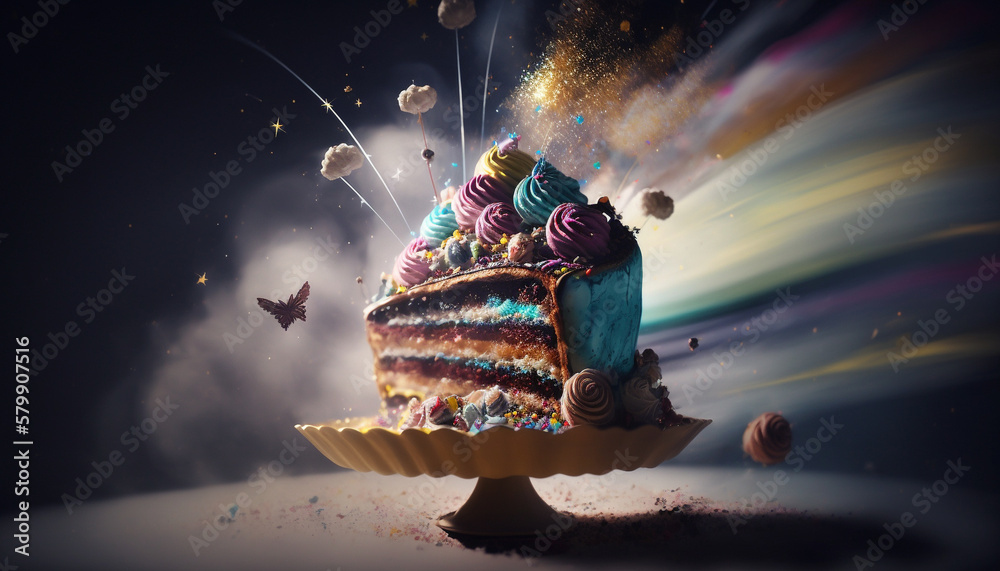 Birthday cake soaring through a surreal world of abstract hues and ...