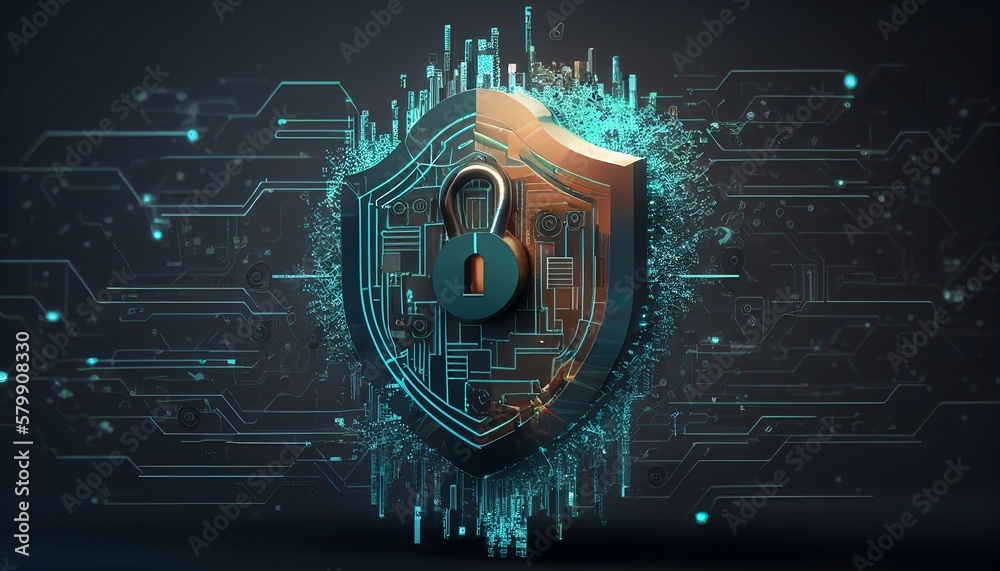 In this abstract cyberattack block concept, Generative AI, a shield with a lock icon is depicted ...