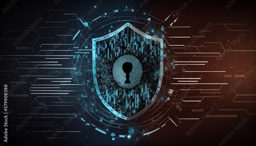 In this abstract cyberattack block concept, Generative AI, a shield with a lock icon is depicted ...