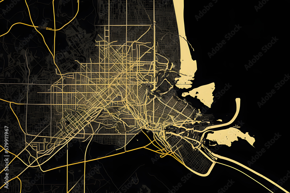 A stylized map of a city, presented in monochrome hues with clean lines ...