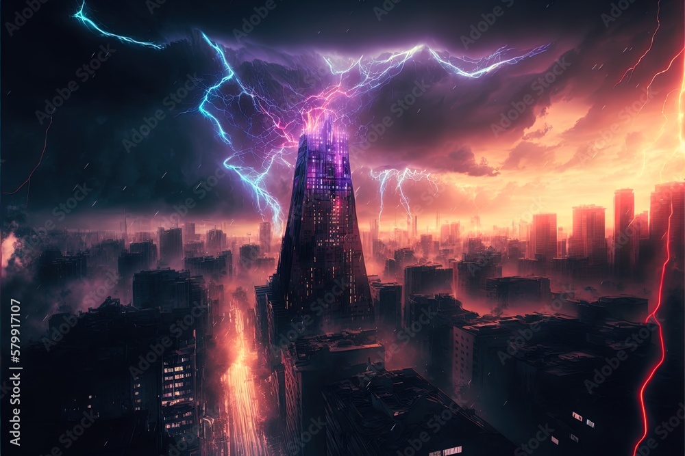 Surreal violent thunderstorm with neon colored storm over city in 8K ...