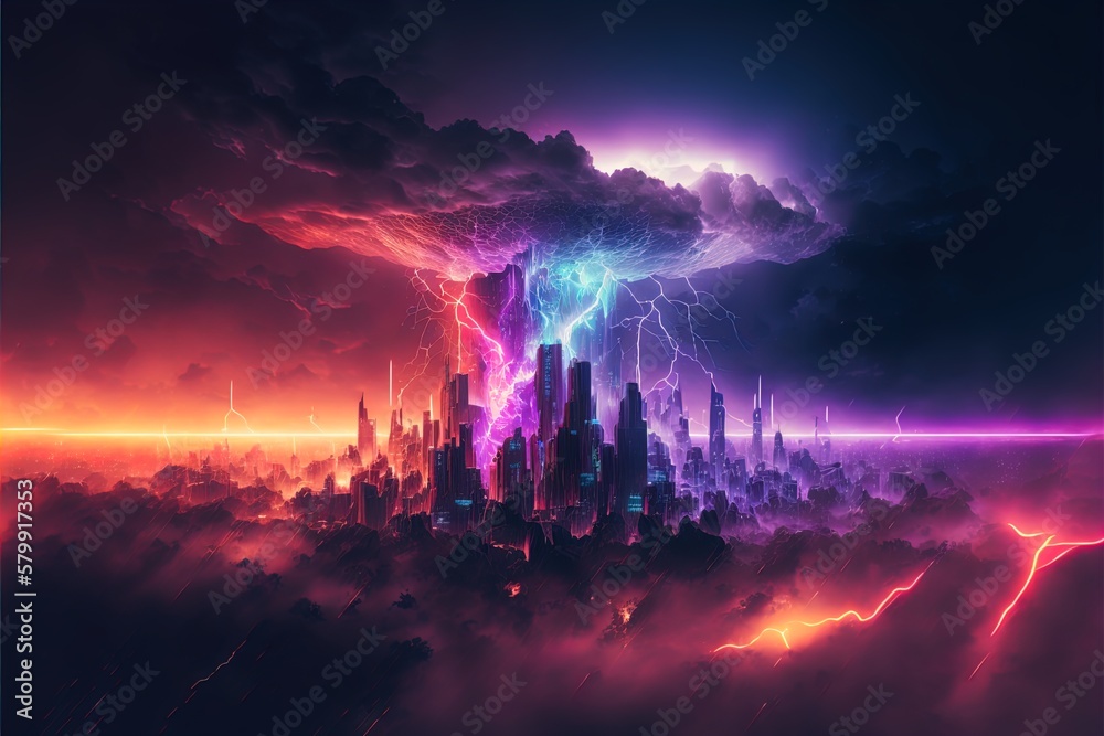 Surreal violent thunderstorm with neon colored storm over city in 8K ...