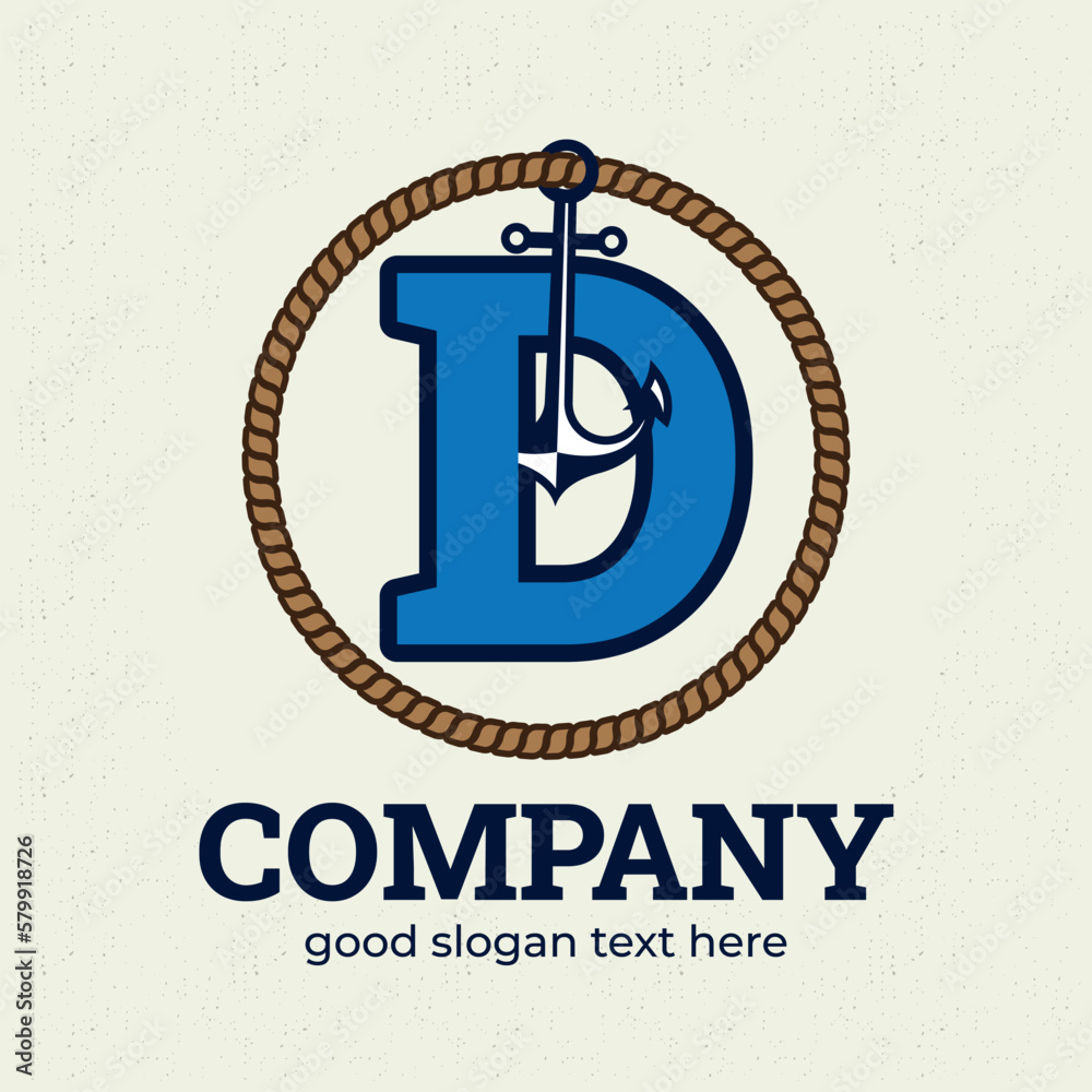 Letter D logo with anchor illustration logo design template, nautical ...