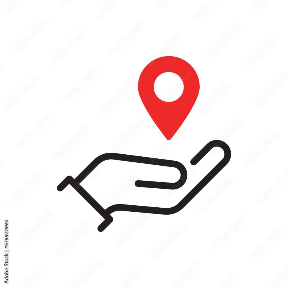 red geotag pinpoint icon with black thin line hand. concept of global ...