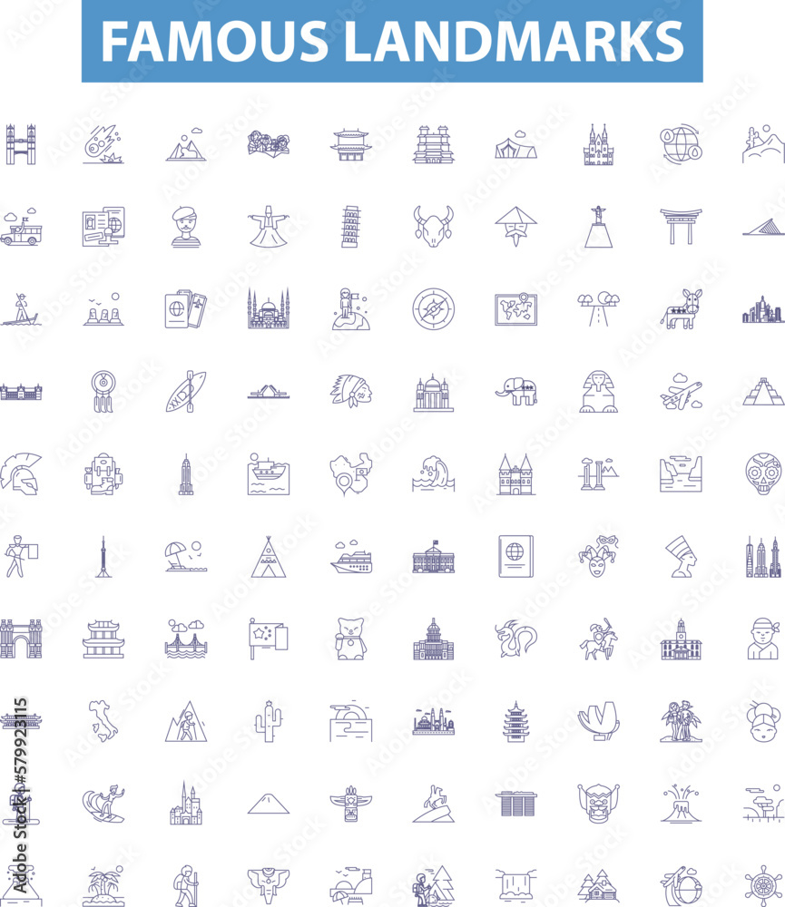 Famous landmarks line icons, signs set. Monument, Tower, Citadel ...