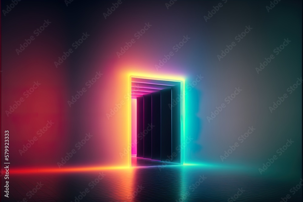 Abstract neon colored shapes in nothingness. Empty space, phantasmal ...