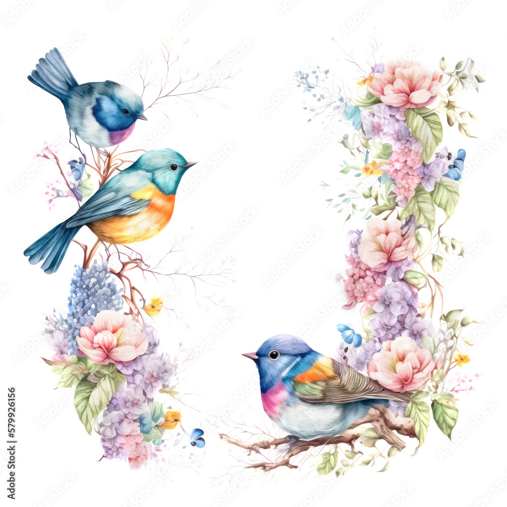 Flower border with birds for a card or invitation. Digital watercolor ...