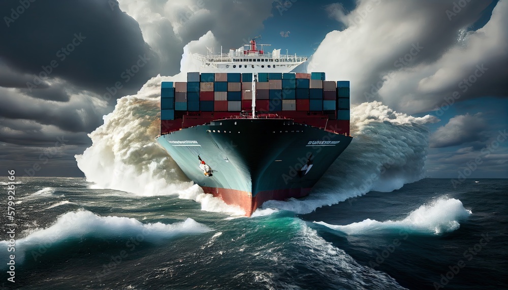 A loaded container cargo ship is seen in the front as it speeds over ...