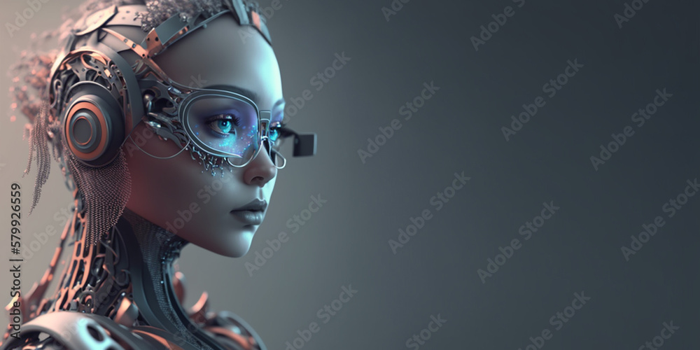 Profile portrait of robot bot ai with connected glasses white ...