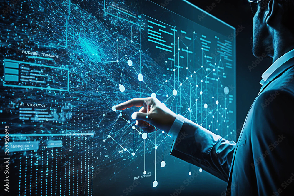 AI data technology and infographic with a man touching data flow ...