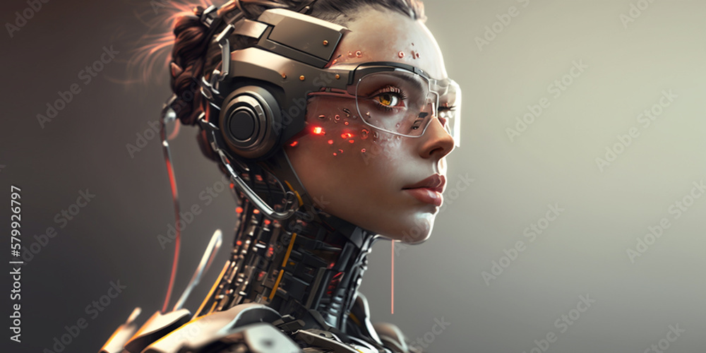 Profile portrait of robot bot ai with connected glasses white ...