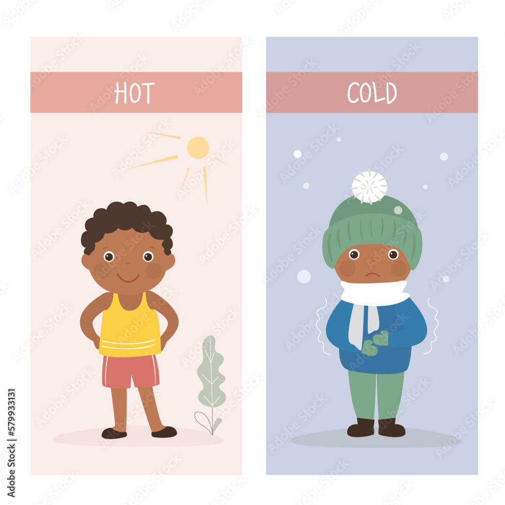Opposite adjectives explanation cards, HOT and COLD. Word card for ...