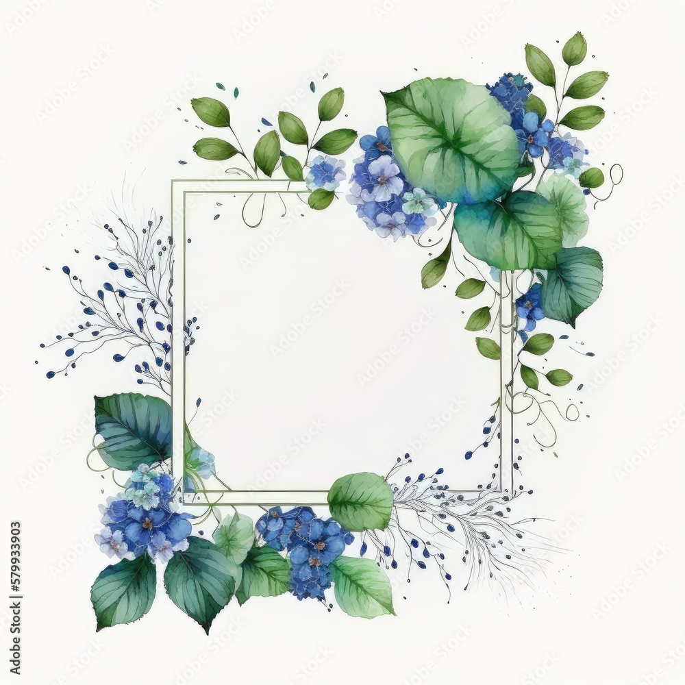 Square frame of blue flower and green leaves with watercolor painting ...