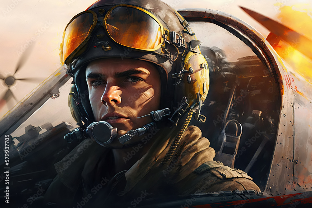 portrait of male pilot in cockpit of a military aircraft. Concept of ...