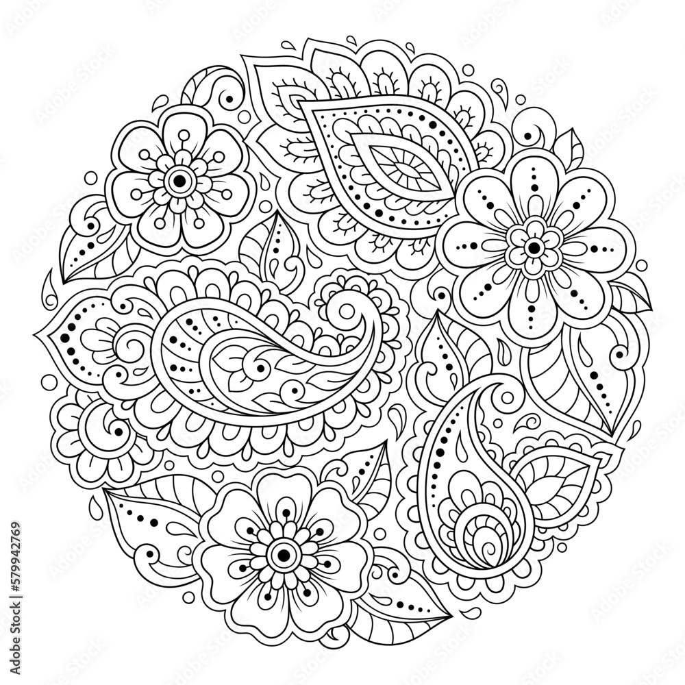 Outline round flower pattern in mehndi style for coloring book page ...