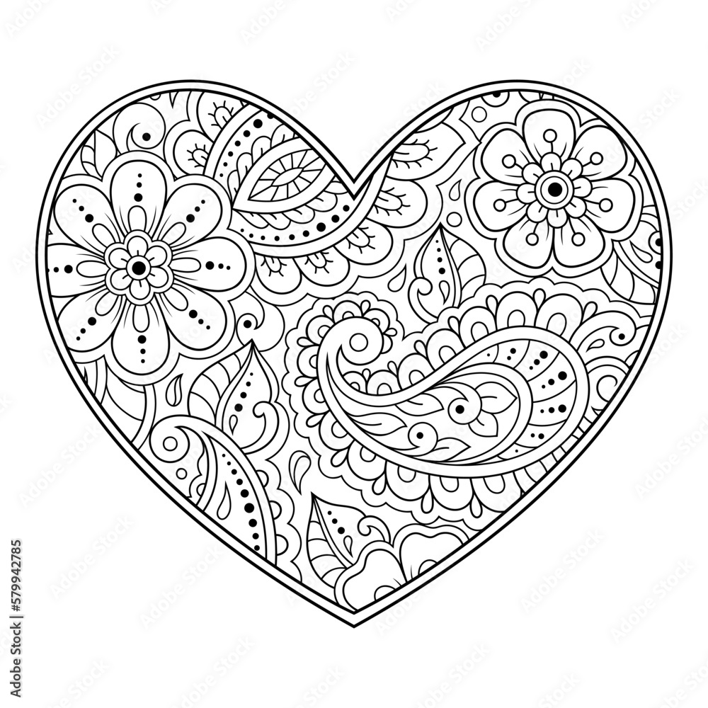 Mehndi flower pattern in form of heart for Henna drawing and tattoo ...