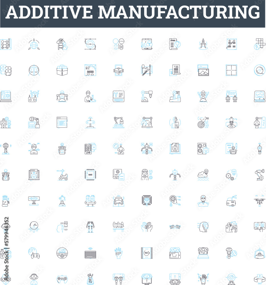 Additive manufacturing vector line icons set. 3D printing, Additive ...
