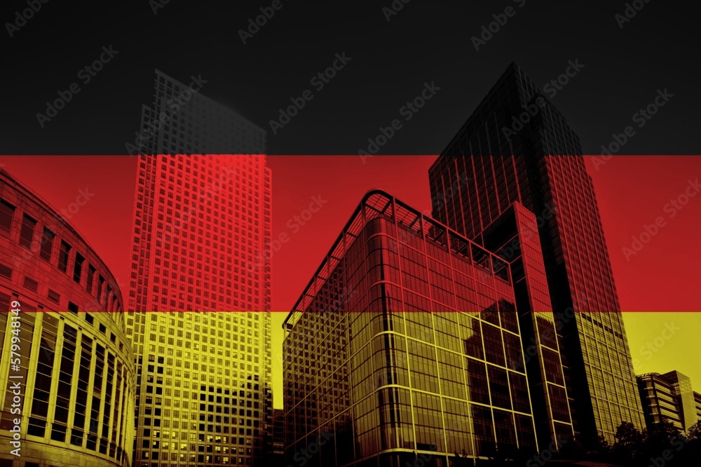 Germany Flag with the background of buildings and infrastructure ...