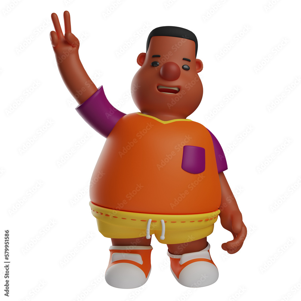 3D Cartoon Big Boy character with victory finger sign, 3D cartoon ...