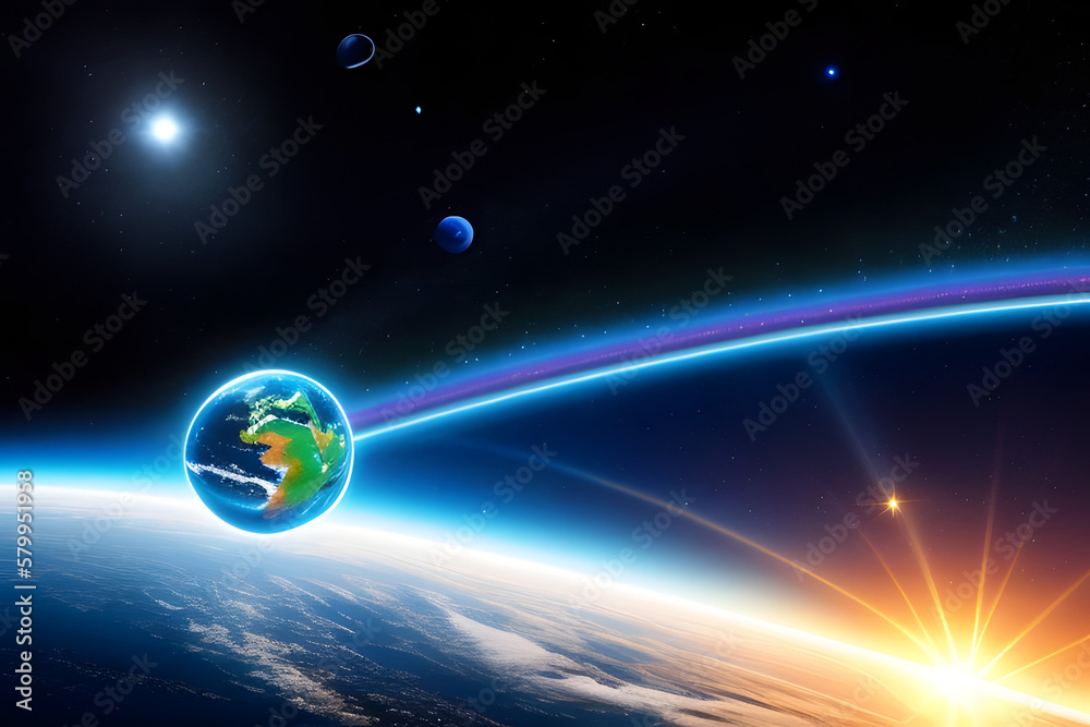 Planet Earth on starry space background, day and night transition ...