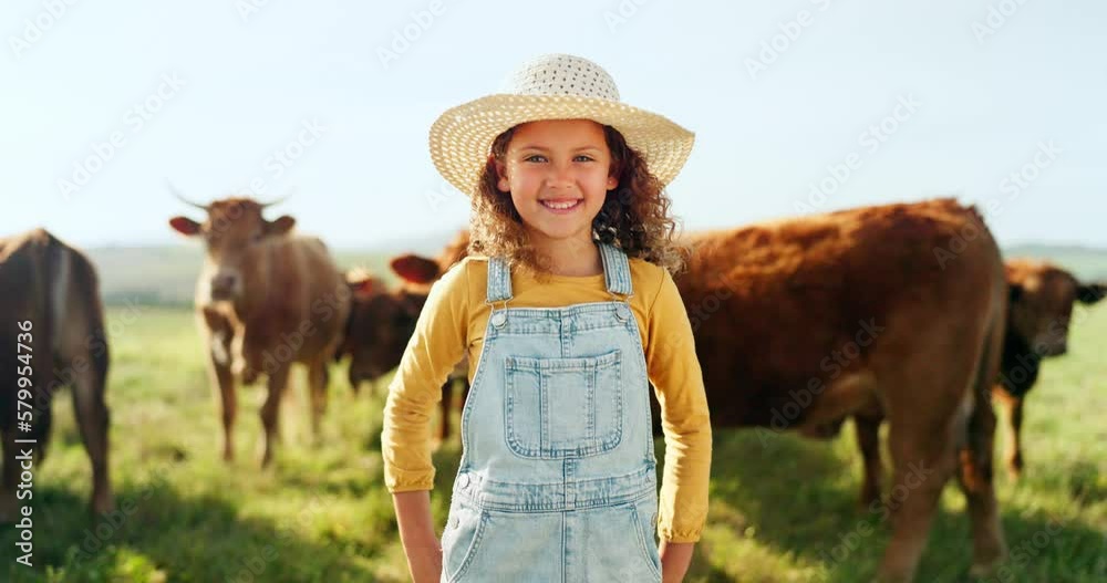 Nature, summer and girl in field with cows, happy dairy farmer on grass ...
