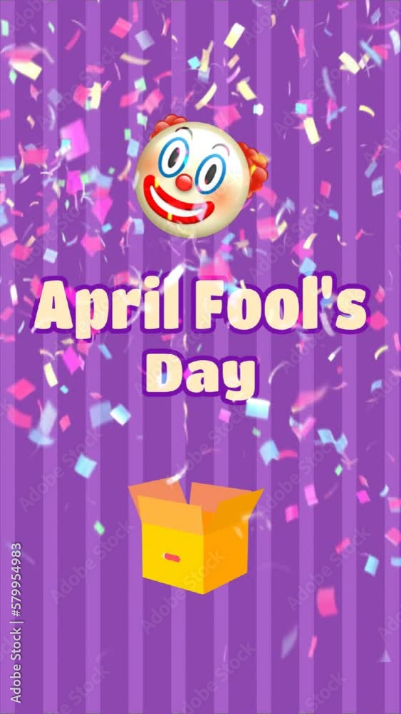 Vertical video April fools day with head clown, confetti, surprise box ...