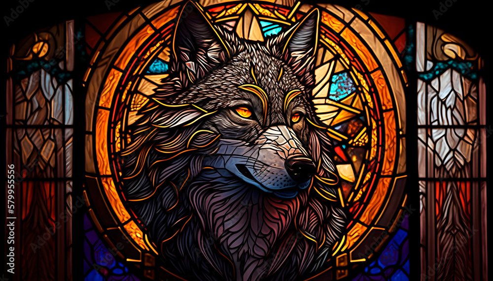 The Wolf Against The Background Of A Colorful Stained Glass Window Made Of Multicolored Glass