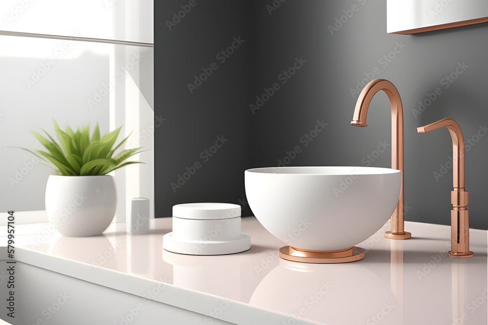 Realistic 3D render, modern round white ceramic wash basin with shinny ...
