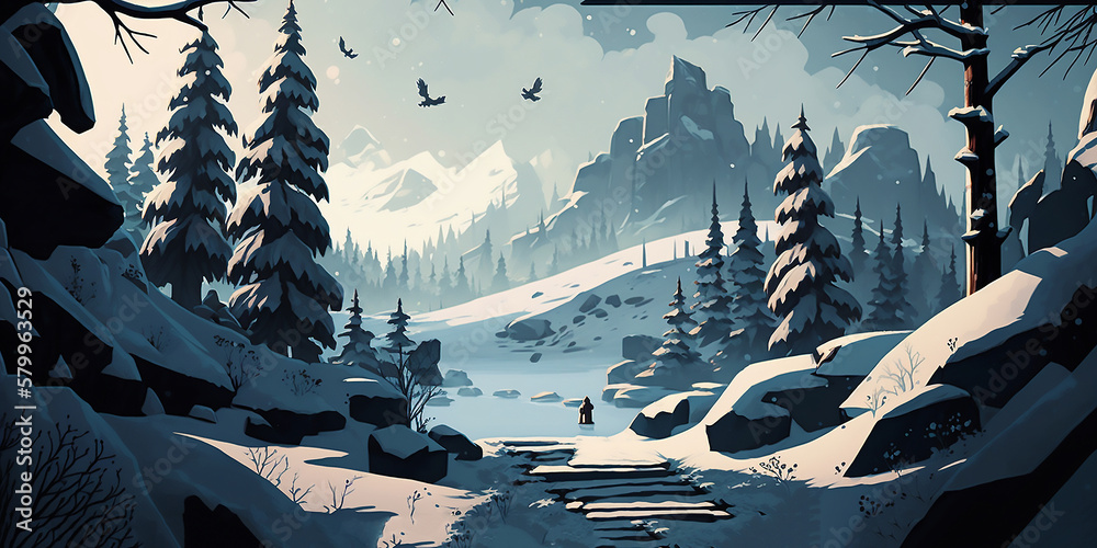 Snowy forest, 2d game art, concept art, gaming background generated ai ...